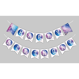 Pre-Strung Galaxy Stars Sky Birthday Banner, Ready to Hang Universe Space Bday Party Sign, Nebula Bunting