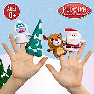 KIDS PREFERRED Christmas Rudolph The Red-Nosed Reindeer Finger Puppet Playset with Sleigh, 5 Pieces, Christmas Stuffed Animal Plush Toys, Finger Hands Party Toys (23133)