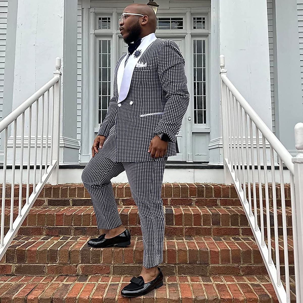 Allingentle Polka Dots Suits for Men Dark Blue & White Men's Suits Flocking Dinner Dress Jackets for Men Blazer Wedding Tuxedo Mens Suits Regular Fit 2 Piece (Blazer + Pant)