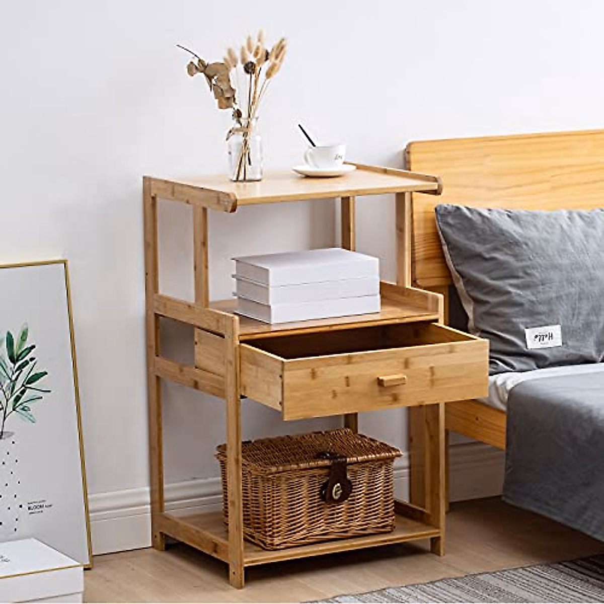 ALIMORDEN 3-Tiers Mobile Printer Stand Holder with Drawer, Rolling Cart with Wheels, Bamboo Rack for Home and Office