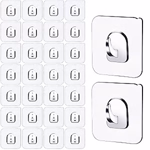 Yinkin 30 Pieces Clear Wall Hooks 15 lb (max) Adhesive Hooks for Hanging Plastic Sticky Hooks Heavy Duty Hook Transparent Drill Free Reusable for Hat Kitchen Bathroom Office, No Trace No Scratch