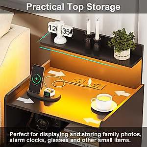 LED Nightstand with Charging Station, Night Stand with 2 Drawers and Open Storage, Bedside Table with LED Lights, Modern End Table with USB Ports Outlets, Black