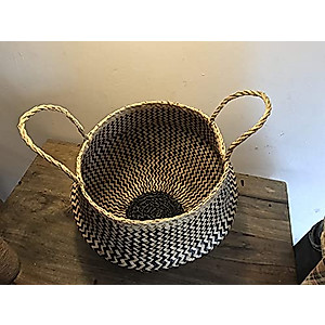 Natural Craft Seagrass Plant Basket for Storage Size (14x14x13 inches) - Style: Black Zigzag, Laundry, Picnic - Plant Pots Cover Indoor Home Decor - Hand Woven Straw Beach Bag with Handles M