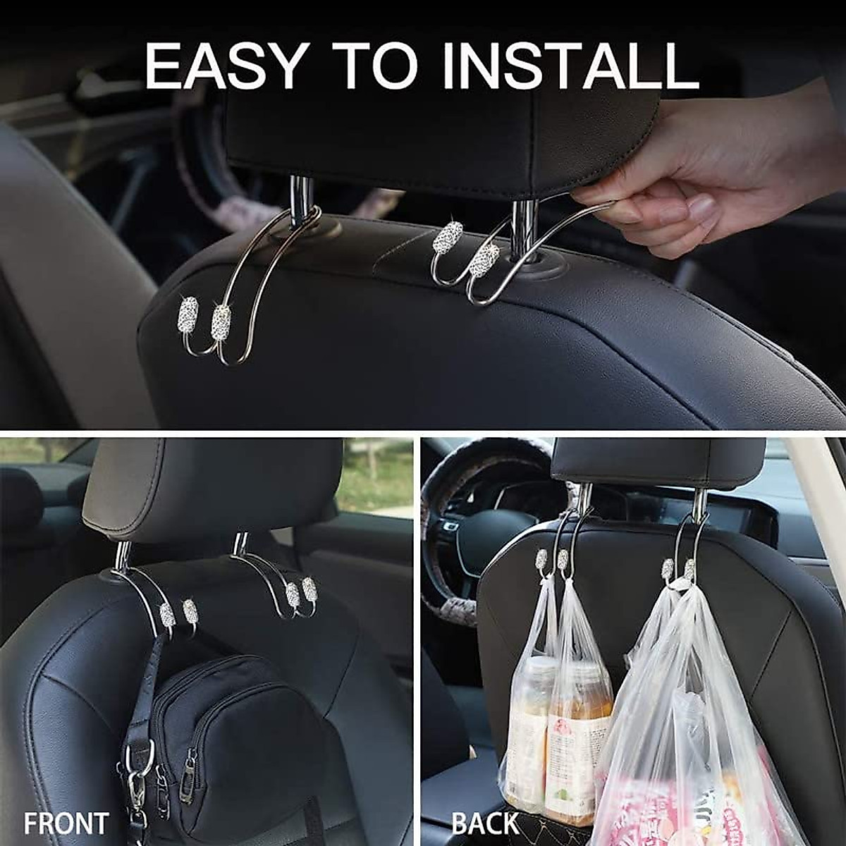 Guoord 【2024 Upgraded】 Car Headrest Hook Decorations, 2 Pcs Bling Purse Hook Hangers, Stainless Hooks Car Hangers and Durable Backseat Holder, Storage Universal for SUV Truck Vehicle(White)