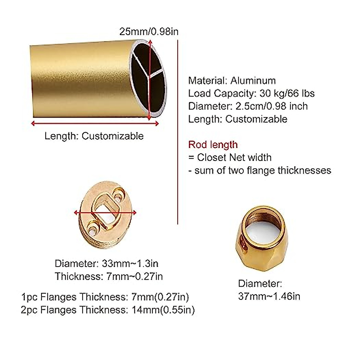 RENLXFI Hanger Bar Wall Mount, Aluminum Alloy Round Closet Rod for Bathroom Wardrobes Windows Balcony, Clothing Garment Rail, with end Supports (Size : 30cm/11.8in)