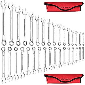 ROCHOOF Combination Wrench Set,33-Piece Chrome Vanadium Steel Wrench Set 12-Point SAE & Metric Wrenches 1/4"-1" and 6-22mm with Rolling Pouch