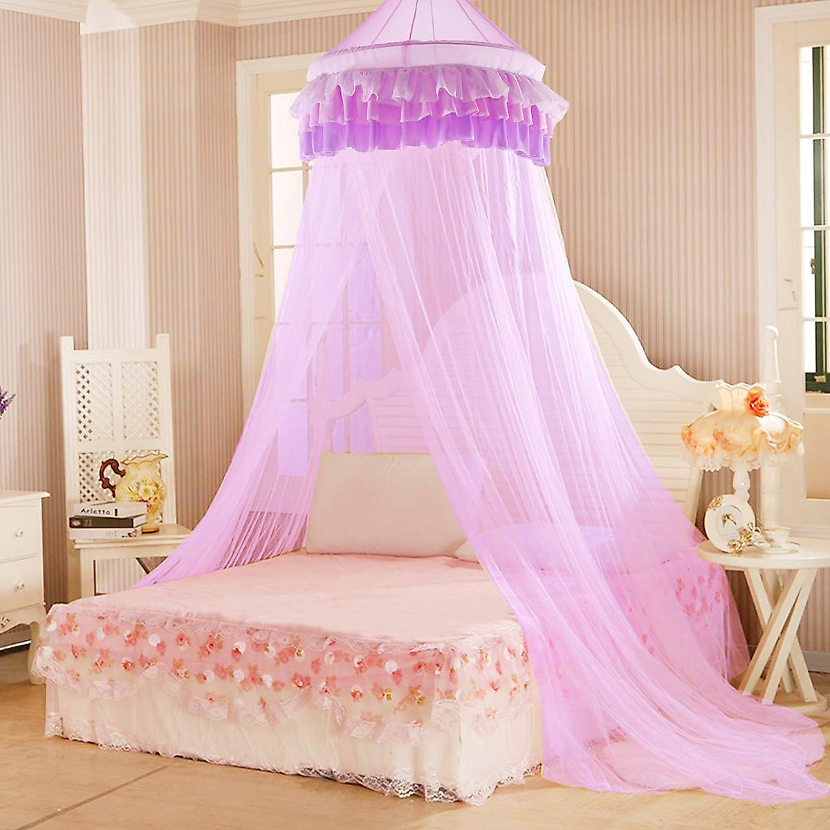 Goplus Princess Bed Canopy Netting Dome with Elegant Ruffle Lace for Girls and Baby Room Decor, Bed Curtains Mosquito Net for Twin, Full, Queen Size Beds, Pink