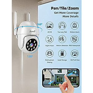 2K Security Camera, PTZ 355°View 3MP Security System 2.4GHZ WiFi Security Cameras Outdoor with Color Night Vision, Motion Detection and Alarm, IP66 Waterproof, 2-Way Talk, 24/7 SD Storage