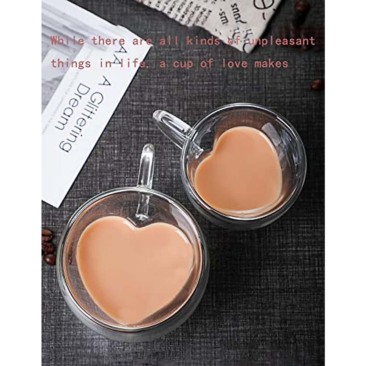 PCduoduo Heart Shaped Cup，Heat resistant creative double layer heart cup cup clear glass milk cup tea milk cup cup coffee cup (8oz/240ML)