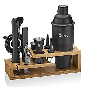 ROCKSLY Mixology Bartender Kit and Cocktail Shaker Set for Drink Mixing | Mixology Set with 10 Bar Set Tools and Bamboo Stand Makes It The Perfect Home Cocktail Kit | Complete Bartender Kit (Black)