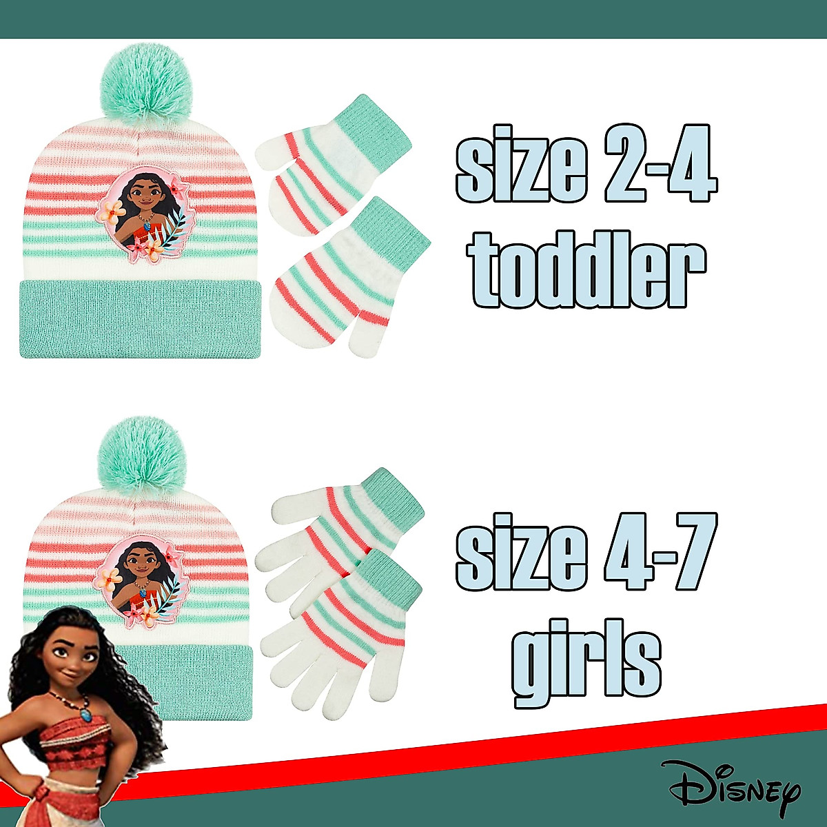 Disney Moana Girls Beanie Winter Hat and Mittens Cold Weather Set, Age 4-7 years