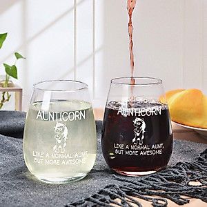 Futtumy Aunticorn Stemless Wine Glass, Aunt Gifts for Auntie Women Sister Mothers Day Christmas Birthday 15 Oz, Funny Unicorn Aunt Wine Glass Gifts from Niece Nephew