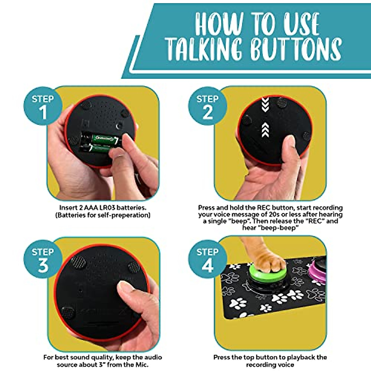 Kilab Talking Dog Buttons– Pack of 12 Recordable Dog Communication Buttons with 2 Mats | Talking Buttons for Dogs & Cats | Talking Dog Button for Communication with 30 Stickers (12 Pack)