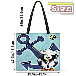 QsirBC Captain Penguin Anchor Canvas Tote Bag for Women Reusable Shoulder Totebag with Pocket Casual Handbag for Shopping Work Travel Gift