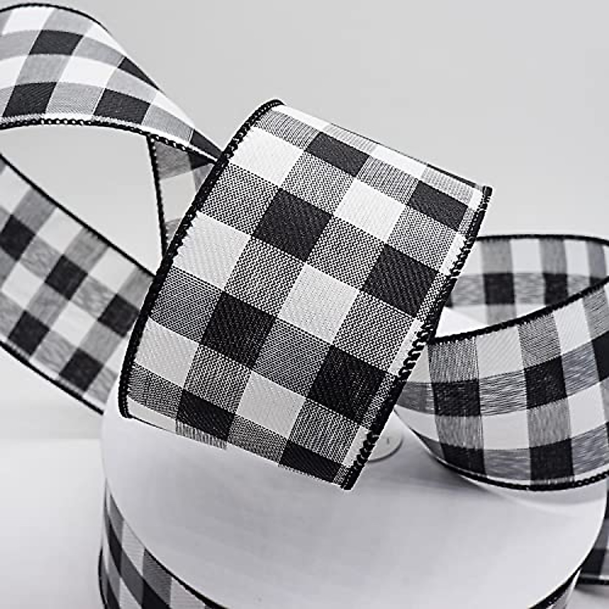 CT CRAFT LLC Plaid Cambridge Gingham Buffalo Wired Ribbon, 2.5" x 50 Yards x 1 Roll - Black with White, for Christmas, Home Decor, Gift Wrapping, Tree Topper Bow, Wreath, DIY Crafts