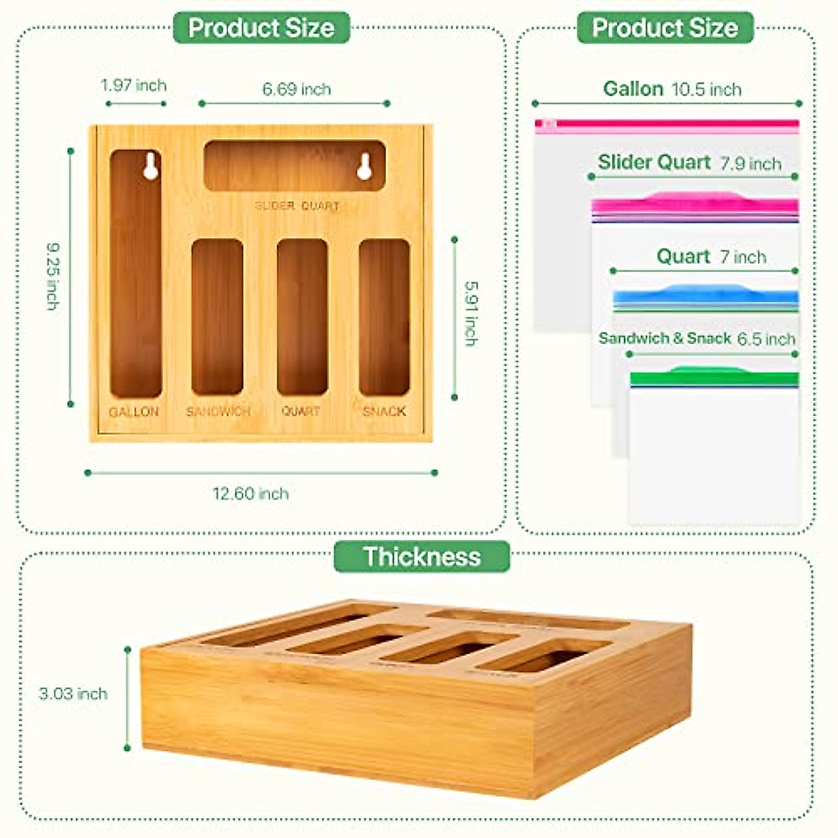 NIKUY Bag Storage Organizer for Kitchen Drawer, Bamboo Baggie Organizer, Compatible with Ziploc, Solimo, Glad, Hefty for Gallon, Quart, Sandwich and Snack Variety Size Bag (1 Box 5 Slots)