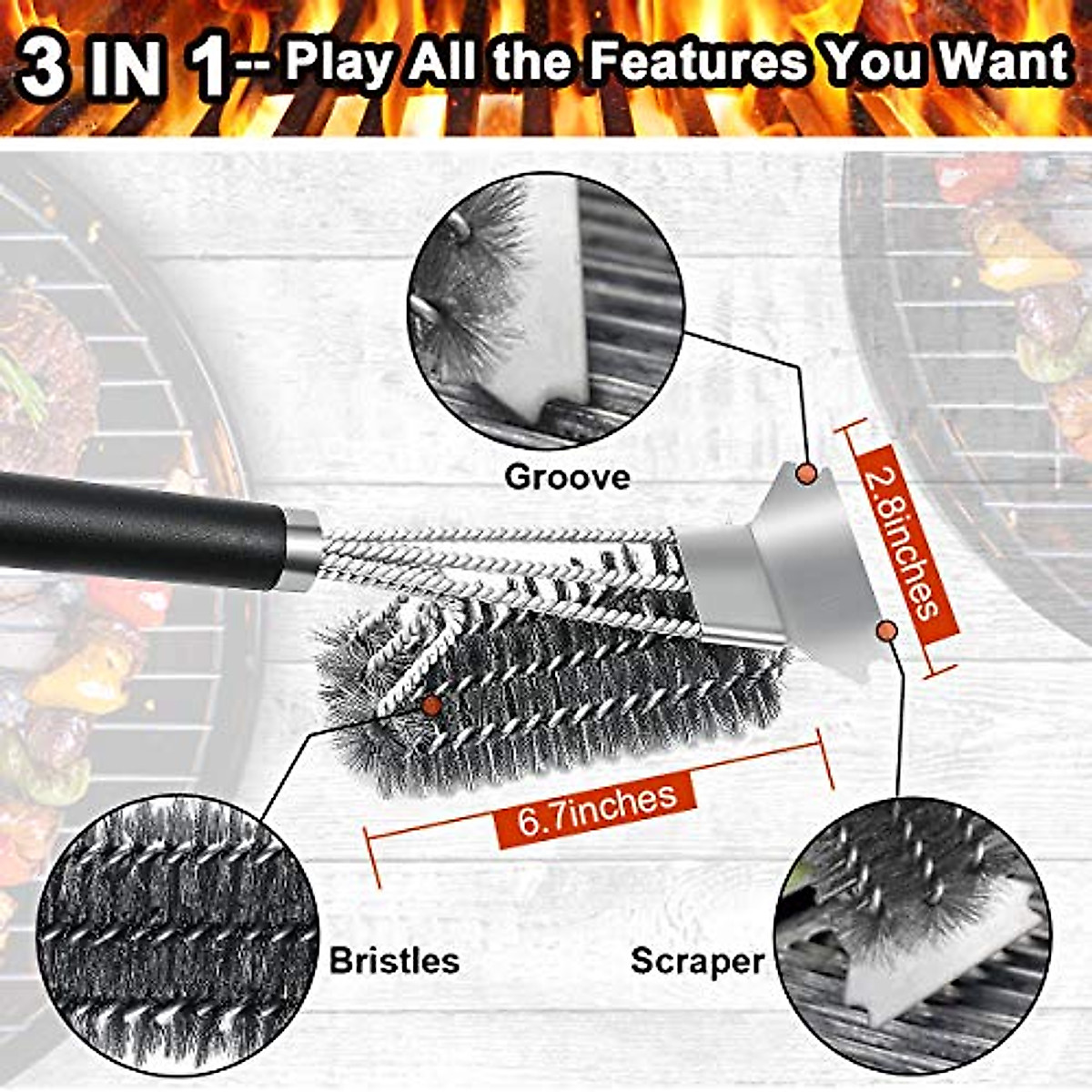 Grill Brush, Grill Scraper for Outdoor Grill, BBQ Grill Brush Bristle Free, 3 in 1 Bristles Grill Cleaning Brush, Efficient and Easy to Clean Grill Brush