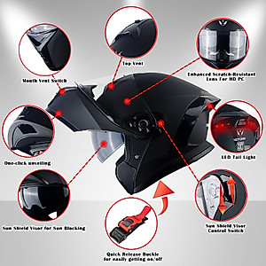 1Storm New Motorcycle Bike Modular Full Face Helmet Dual Visor Sun Shield with Rechargeable LED Tail Light: Matt Black