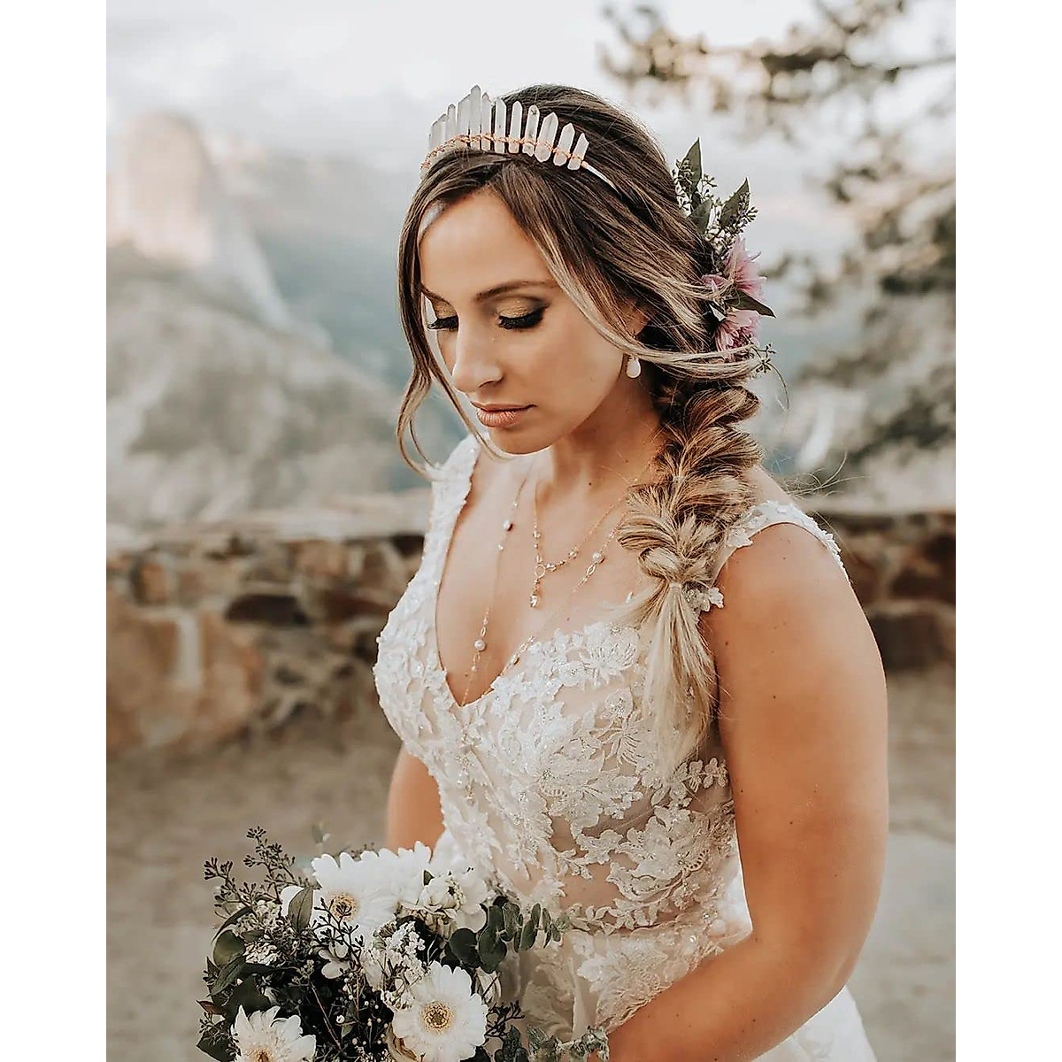 Raw Crystal Quartz Tiara Headband - Moon Stars Crystal Boho Tiara Hairband Sun Goddess Crown Wedding Bride Headpiece for Woman(moon (white))