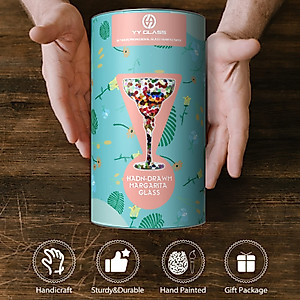 YY Hand Painted Margarita Glass - Moroccan Collection - Hand Painted Glassware by Artists - Unique and Decorative Margarita Glasses, Kitchen Table Décor (Flamingo)