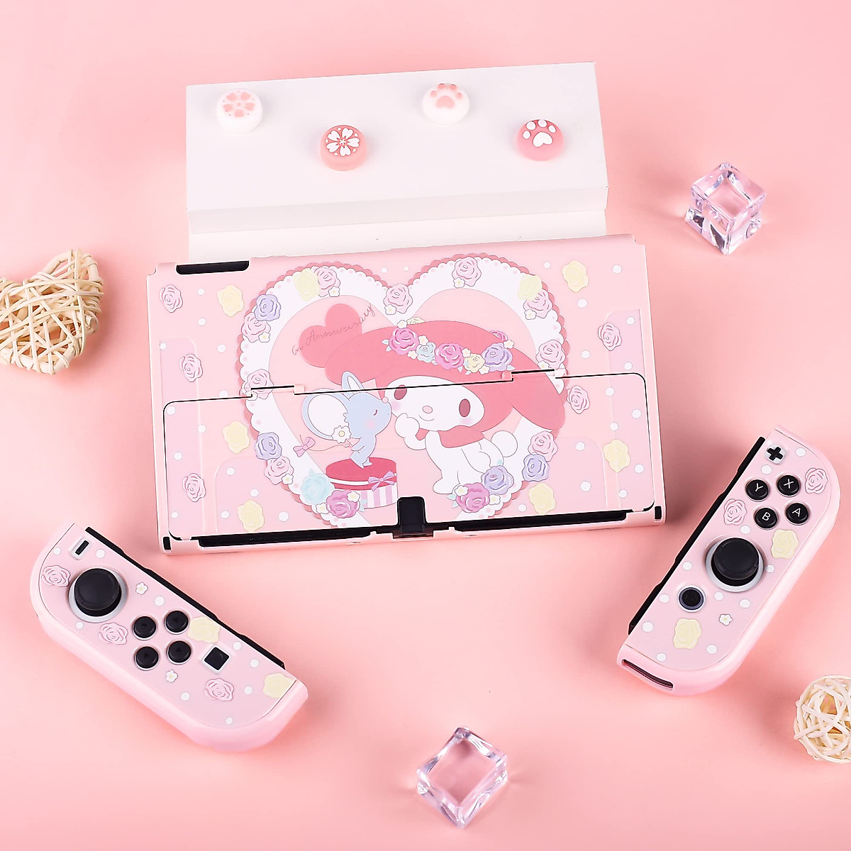 GLDRAM Dockable Protective Case for Nintendo Switch OLED, Cute Anime Rabbit Case Cover Compatible with Switch OLED Console and Joy Con, Hard PC Pink Skin Accessories with Thumb Caps & Screen Protector