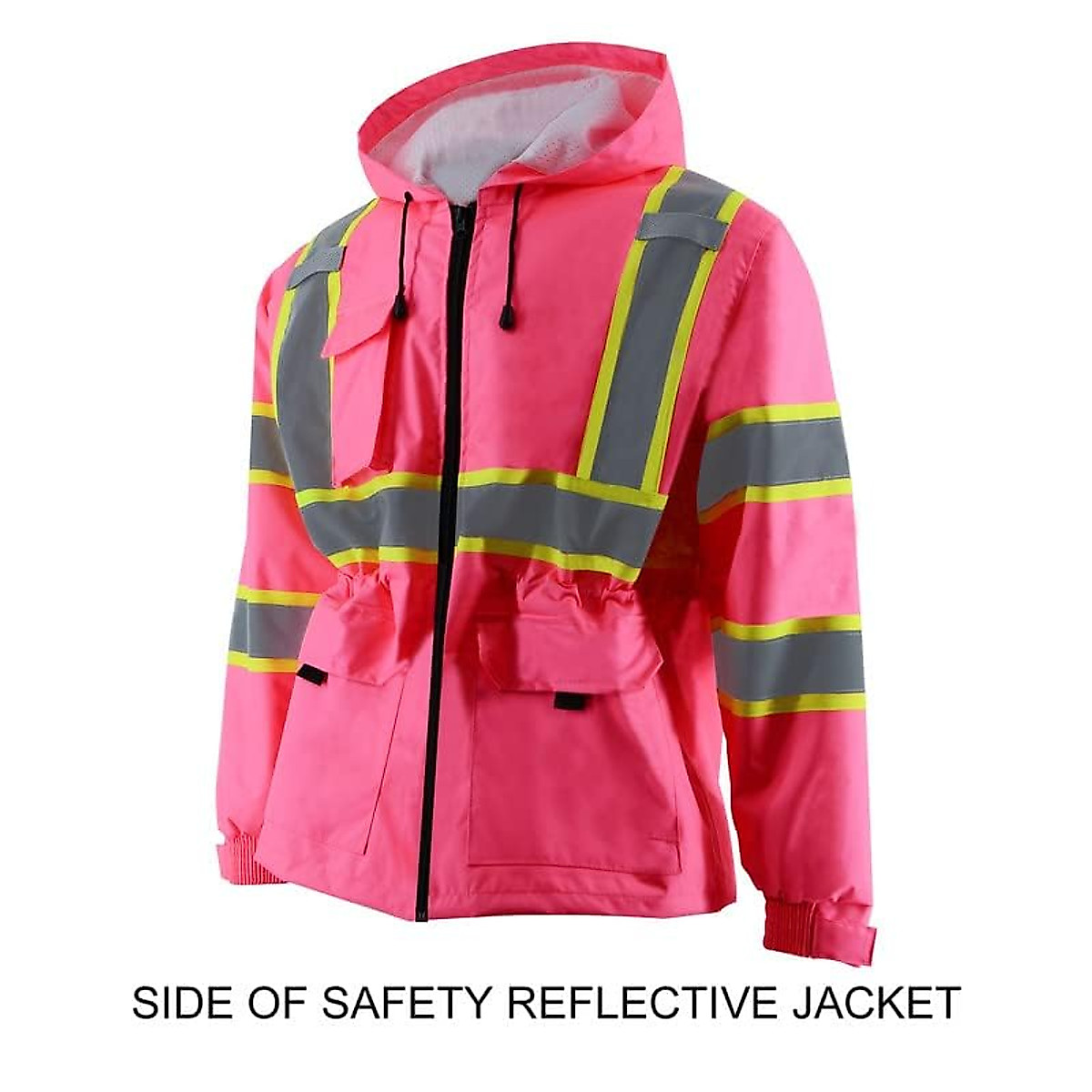 ZUJA High Visibility Bomber Safety Jacket ANSI Class 3 Reflective Jacket Pocket and Zipper Reflective Hoodie Windproof Hi Vis Rain Jacket for Men & Women (Pink, M)