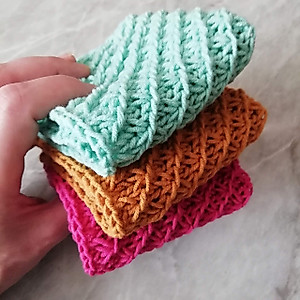 Set 3 Dishcloths Scowing Rag Towels Hand Knitted Cotton Coasters Drink Absorbent Hot Pads Mats Home Kitchen Square Reusable Cleaning Supplies Craft Tools Zero Waste Handmade