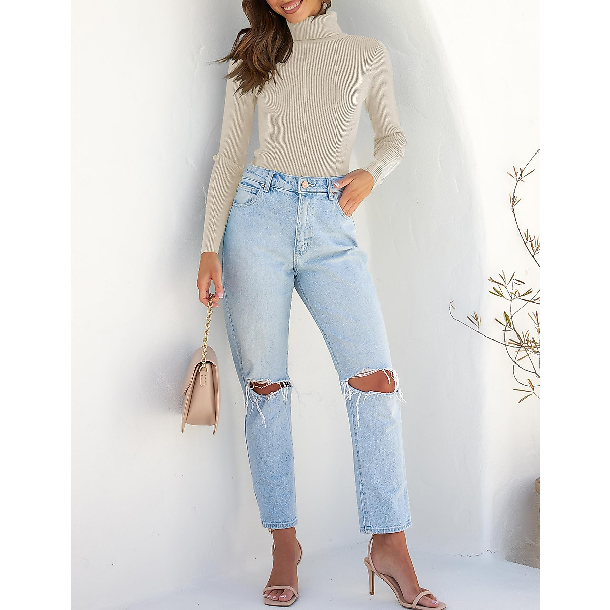 ZESICA Women's Turtleneck Long Sleeve Shirts Spring Basic Tops Slim Fitted Ribbed Knit Sweater,Apricot,Medium