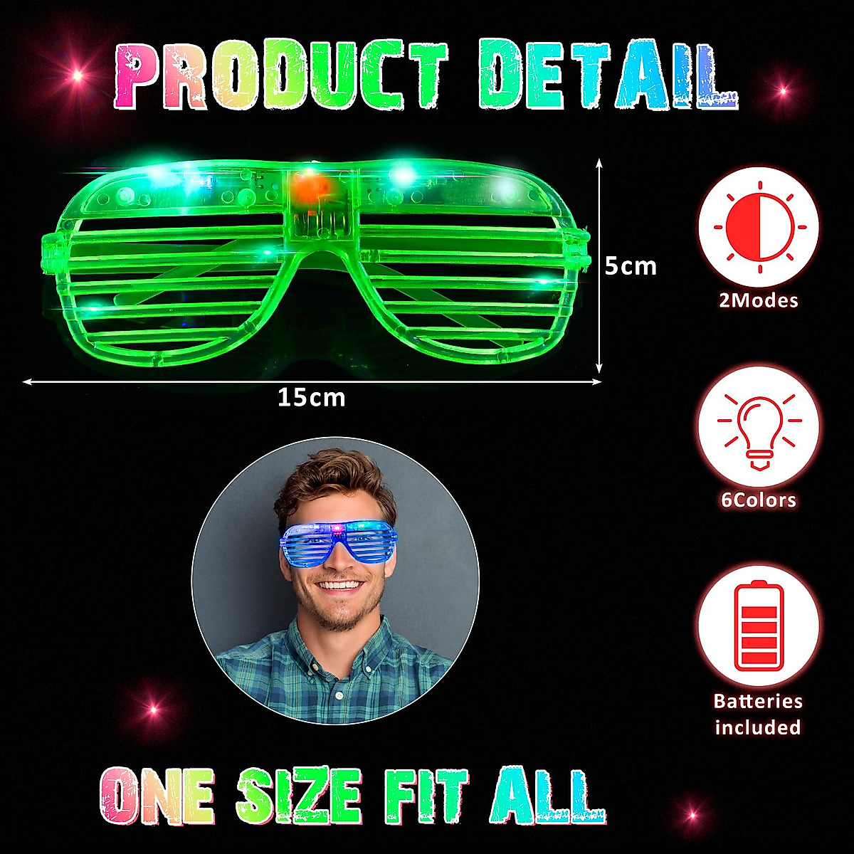 Honoson 72 Pack LED Glasses Bulk 6 Colors Light Up Glasses Glow in the Dark Party Supplies Shutter Shades Glow Sticks Neon Rave Flashing Sunglasses for Adults Mardi Gras Birthday Party Favors