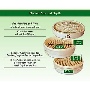 Bold Living 10 Inch Bamboo Steamer Basket, 2 Tier Natural Sustainable Food Cooker for Dumplings, Vegetables, Tamales, Seafood, Bao Buns with 2 Reusable Nonstick Liners, 2 Pair Chopsticks, 1 Sauce Dish