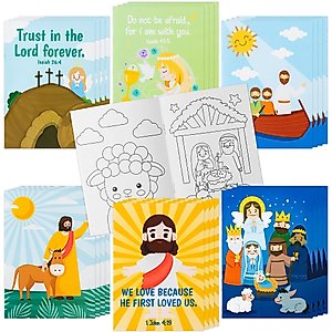 GROBRO7 24Pcs Christian Bible Coloring Books for Kids DIY Art Drawing Book with Angels Priests Churches Candles Crosses Patterns Color Booklets for Sunday School Classroom Rewards Goodie Bag