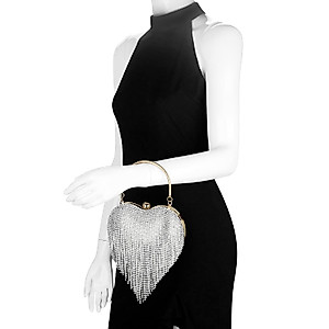 Women Heart Shape Crystal Tassel Evening Clutch Bag, Single-Sided Rhinestones Lady Party Wedding Crossbody Shoulder Ring Handle Handbag (Not Compatible with Phone) (Silver)