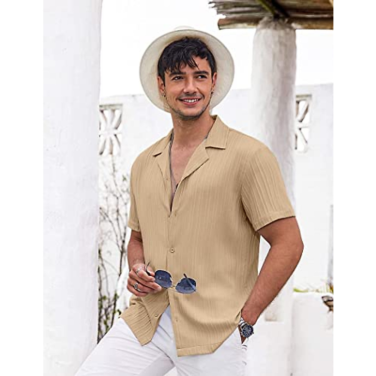 COOFANDY Men's Linen Shirts Short Sleeve Casual Button Down Shirt for Men Fashion Summer Beach Shirt Khaki Hawaiian Shirt for Men Khaki - L