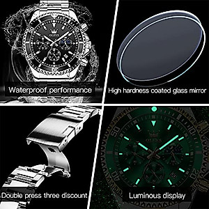 OLEVS Black Silver Watches for Men Classic with Date Business Dress Chronograph Big Face Reloj para Hombre Waterproof Luminous Mens Wrist Watch Analog Party Fashion Stainless Steel Man Watch