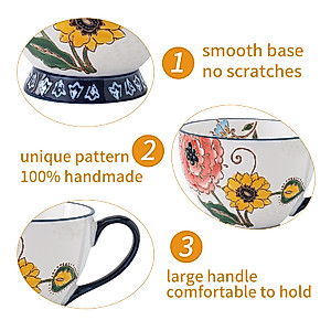 superyes Large Floral Ceramic Coffee Mug, Cute Daisy Cappuccino Latte Ceceal Cup (Red-Yellow-Green, 15 oz x 4 pcs)