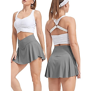 RIOJOY Tennis Skirts for Women with Pockets Inner Shorts Cross High Waisted Golf Athletic Running Workout Sports Outfits(A# V-Waist Grey,S)