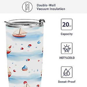 Wassud Boat Pattern 20 oz Tumbler with Lid and Straw Stainless Steel Double Wall Vacuum Tumblers Insulated Travel Coffee Mug for Cold and Hot Drinks