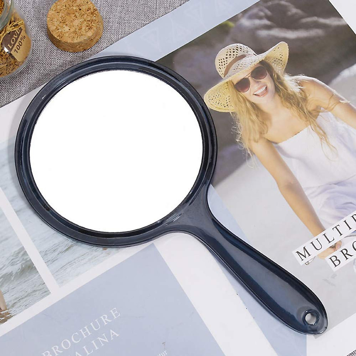 TOPYHL Makeup Hand Mirror, Double-Sided 3X 1x Magnifying Large Travel Handheld Mirror Cosmetic Mirror Acrylic Clear Finish Round Mirror (Black)