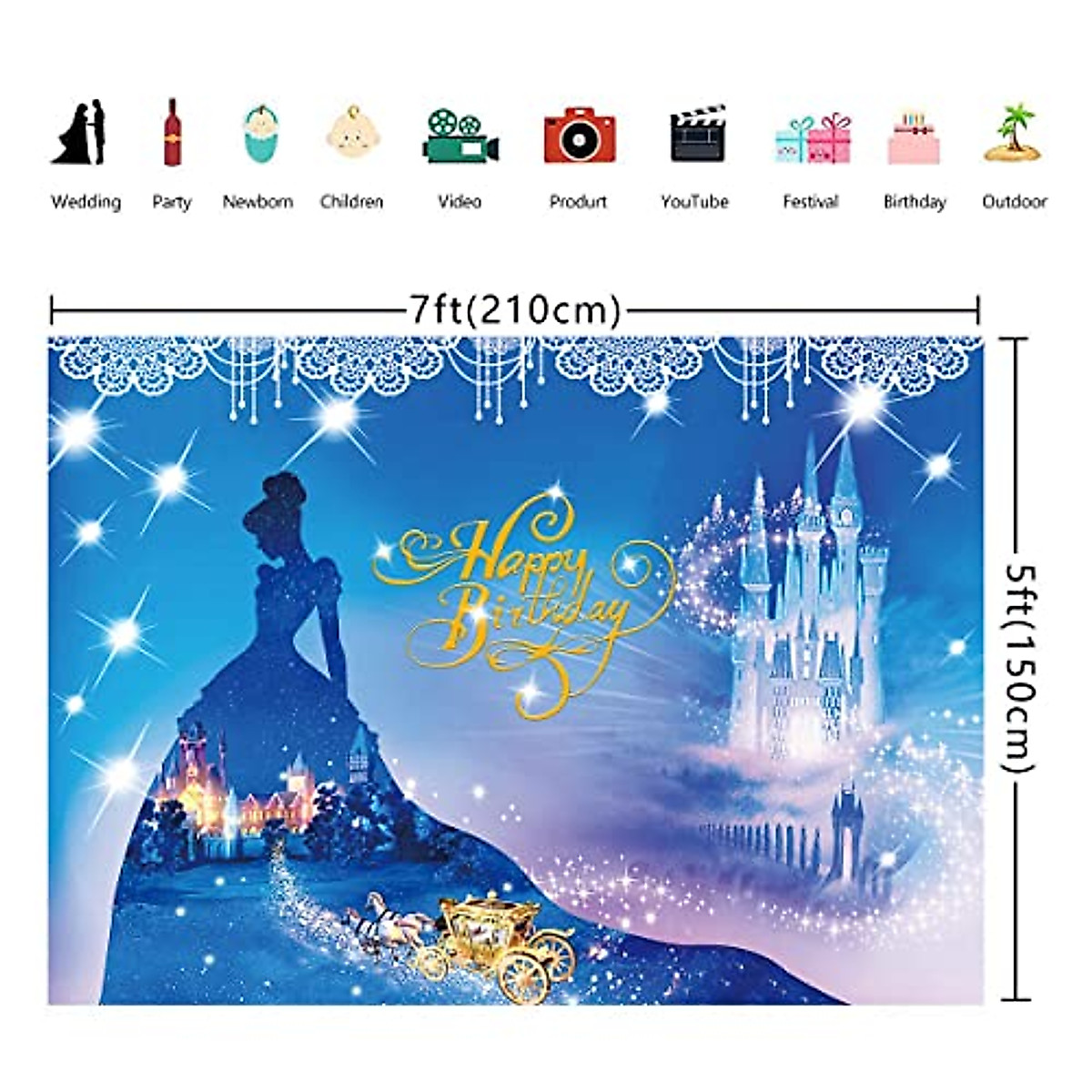 Dost Baby Blue Princess Happy Birthday Backdrop Fantasy Castle Carriage Princess Party Decoration Shiny Light Photography Backdrop(7x5FT), Dost-cy278-7x5FT
