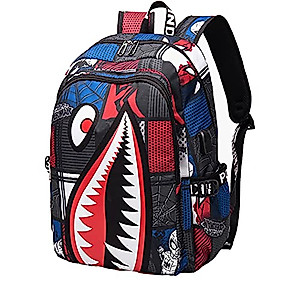 EFBJIXY Kids Backpack Shark Bookbags Boys Schoolbag With USB Lightweight Water Resistant (red)