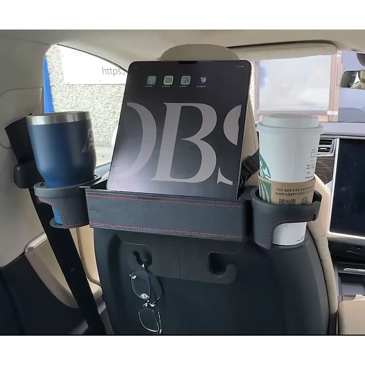 UILB Tesla 2 Cup Holder Car Rear Seat Two Big Side Cup Holder, Backseat Oraginzer with Two Cup Holder, DIY Position, Storage Box for Money, Card, Holding Phone, Wallet