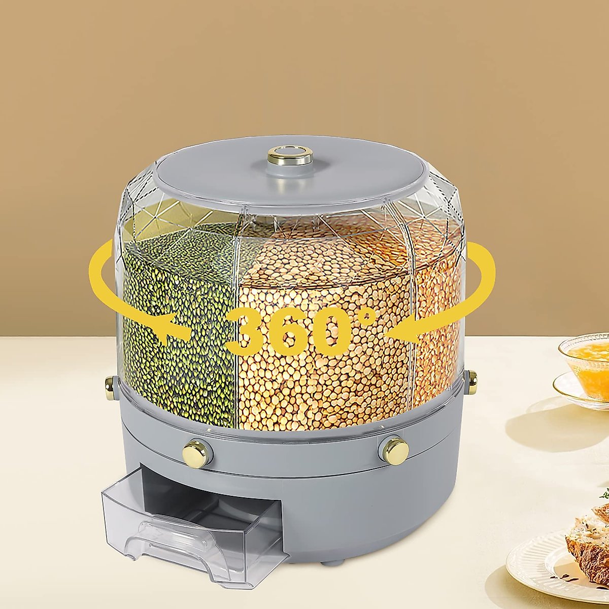 LUGBING One-Click Rice Output Food Containers, 360° Rotatable Grain Separate Storage Box 6 Grid Household Kitchen Storage Container for Rice, Beans, Grains Rotating Rice Dispenser