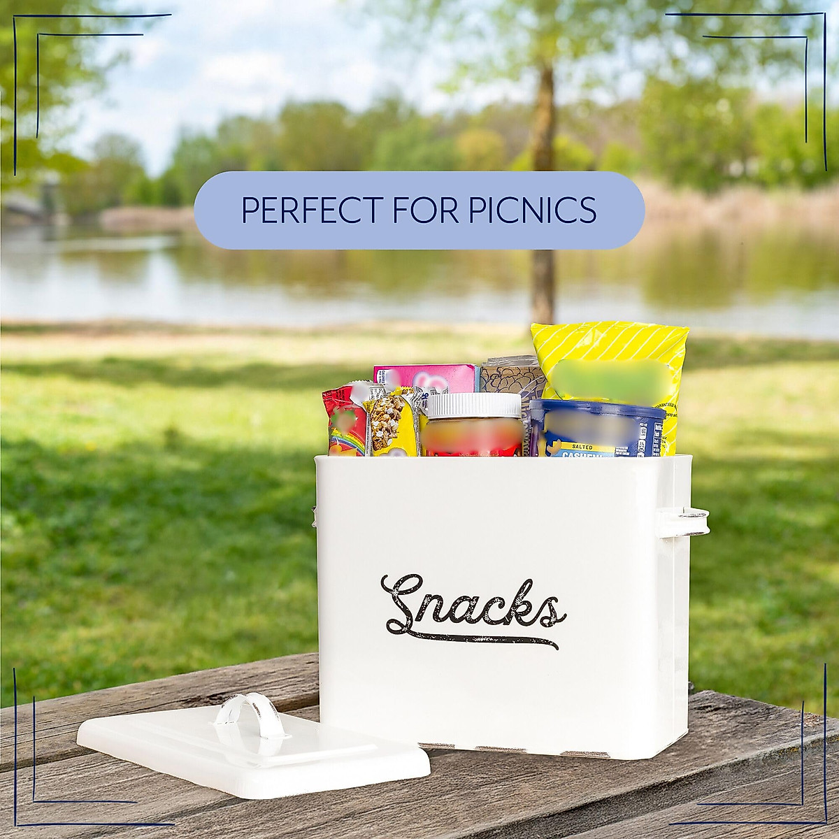 AuldHome Rustic Snack Bin, White Enamelware Snack Container Perfect for Single Serving Snacks