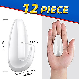 ALOCEO 12 Pcs Wall Hooks,Self Adhesive Hooks with 13 Clear Strips,White Plastic Sticky Hooks for Hanging,Towel Coat Hooks for Bathroom Shower Kitchen Keys Door Outdoor Home Improvement