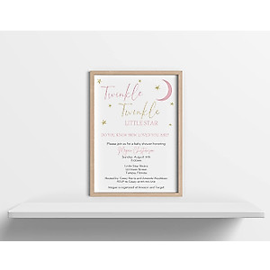 Twinkle Little Star Baby Shower Invitation Over the Moon Invites Pink Gold Girls Glitter Custom Customize Personalize Printed Cards (12 Count)