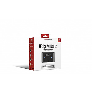 IK Multimedia iRig MIDI 2 universal MIDI interface with In, Out, and THRU ports, activity indicators for iPhone, iPad, Android, Mac, PC