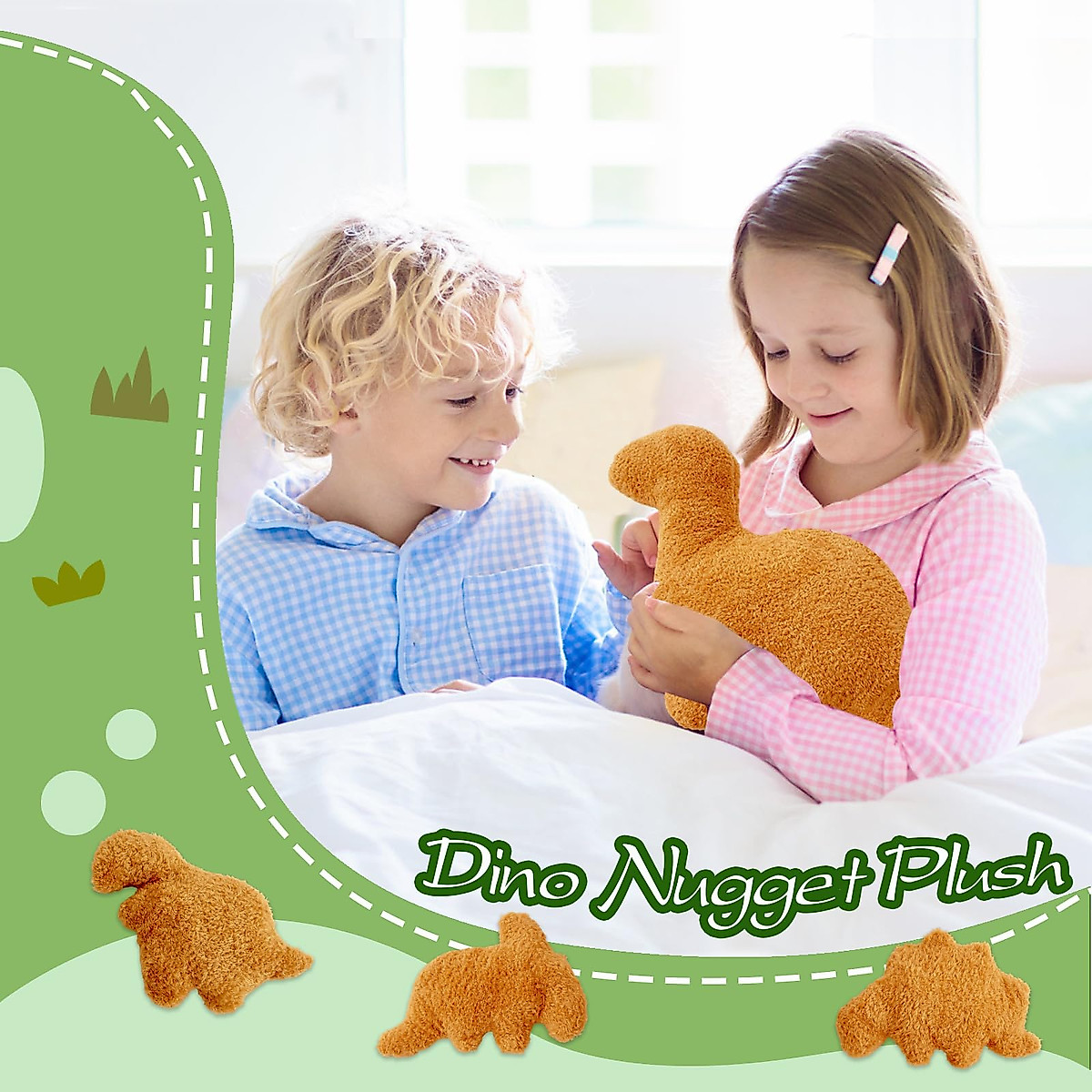 Niurewan 4 Pcs Dino Nugget Pillow Set,Large Chicken Nugget Plush with 3 Small Dinosaur Plush Toys,Dino Stuffed Animal for Birthday Gift Party Favors
