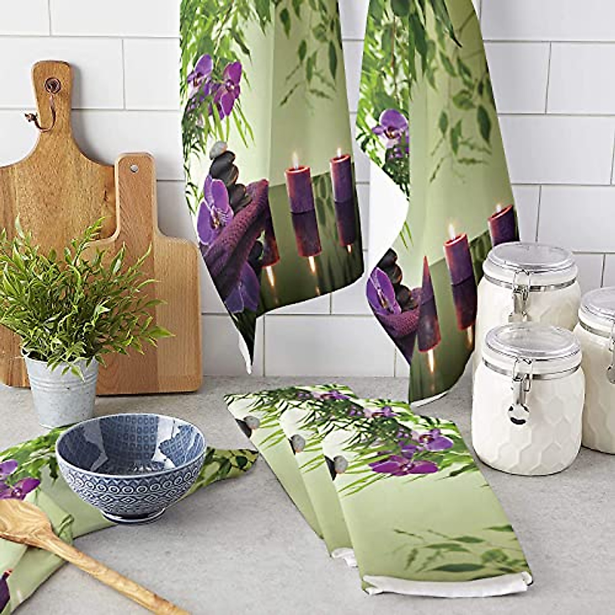 Kitchen Towels Set Zen Spa Dish Towel Butterfly Orchid Zen Basalt Stones Candle Purple Hand Towel 2 Pack Absorbent Soft Cotton Dishcloths Bar Towels & Tea Towels
