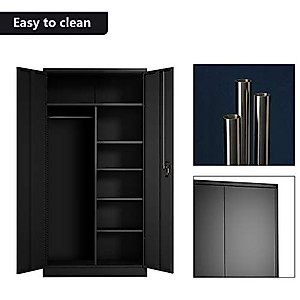 SUXXAN Metal Wardrobe Storage Cabinet, Industrial Steel Storage Cabinet with Adjustable Shelves and Hanging Rod, Modern Style for Home Office, Assembly Required