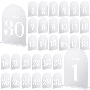 30 Sets Frosted Arch Wedding Table Numbers with Stands 1-30 Acrylic Table Signs 5 x 7 Inch Numbers Signs and Holders for Centerpiece Reception Decoration Party Anniversary Event